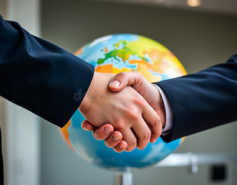 A Close Up of Two People Shaking Hands with a Globe in the Background ...