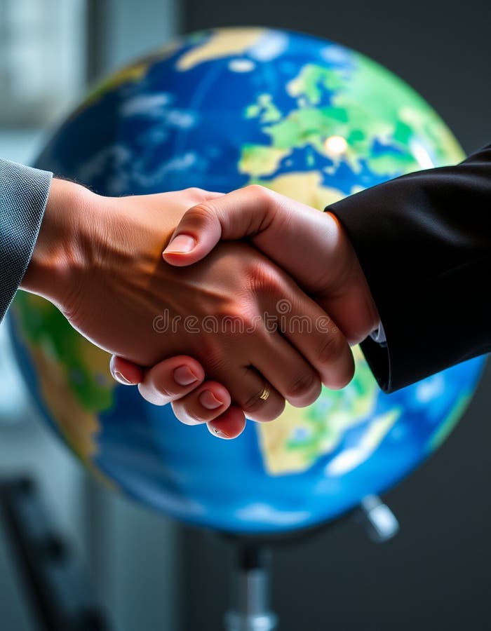 A Close Up of Two People Shaking Hands with a Globe in the Background Stock Illustration ...