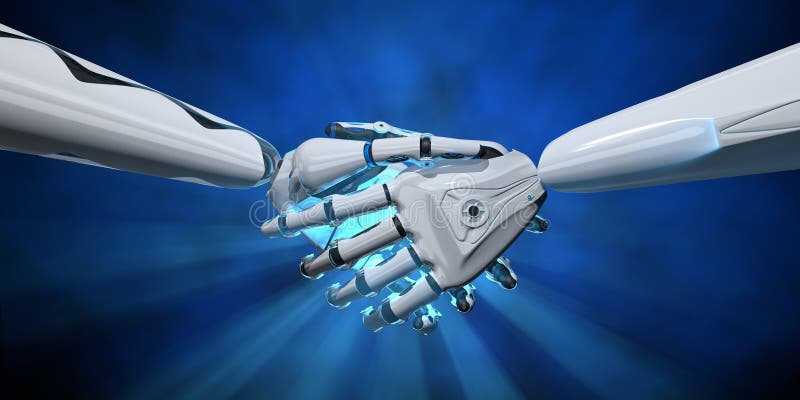 Handshake between Two Human-shaped White Android Hands with Blue Light ...