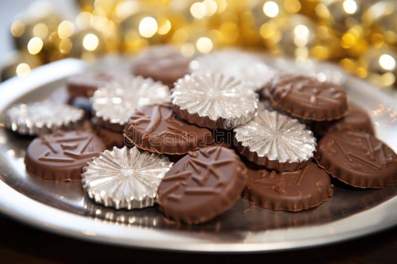 Close-up of Hanukkah Gelt Chocolate Coins on a Silver Plate Stock Photo ...