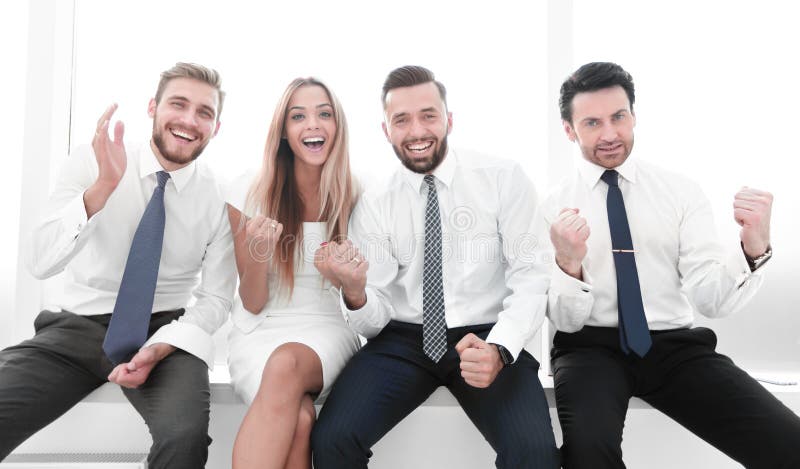 Close Up.happy Business Team Sitting in a Row Stock Image - Image of ...
