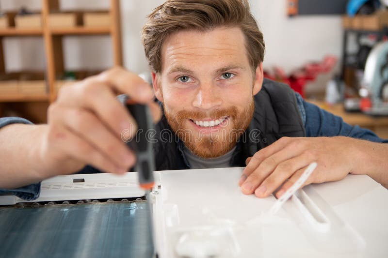 Close Up Happy Male Worker Smiling Stock Photo - Image of cutting ...