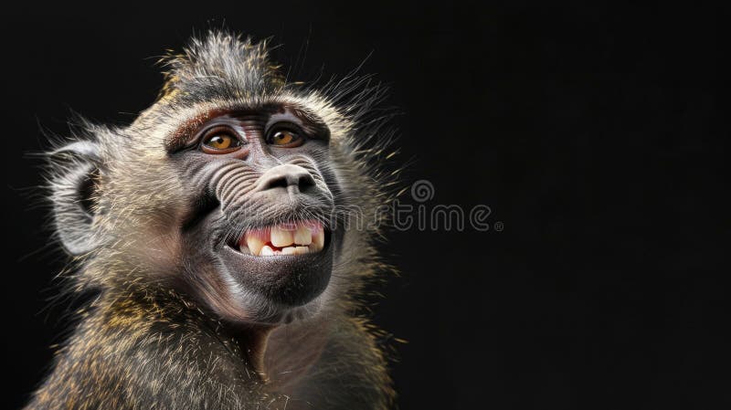Close-up of a Happy Monkey on a Black Background. the Monkey Shows His ...