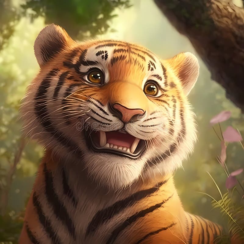 Happy Smiling Little Tiger at Forest. Generative AI Stock Illustration ...