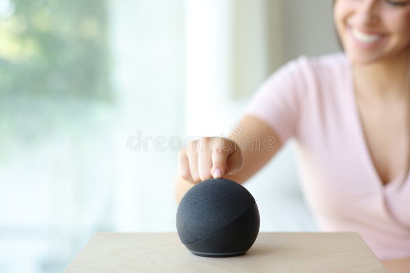 Happy Woman Setting a Virtual Assistant at Home Stock Photo - Image of ...