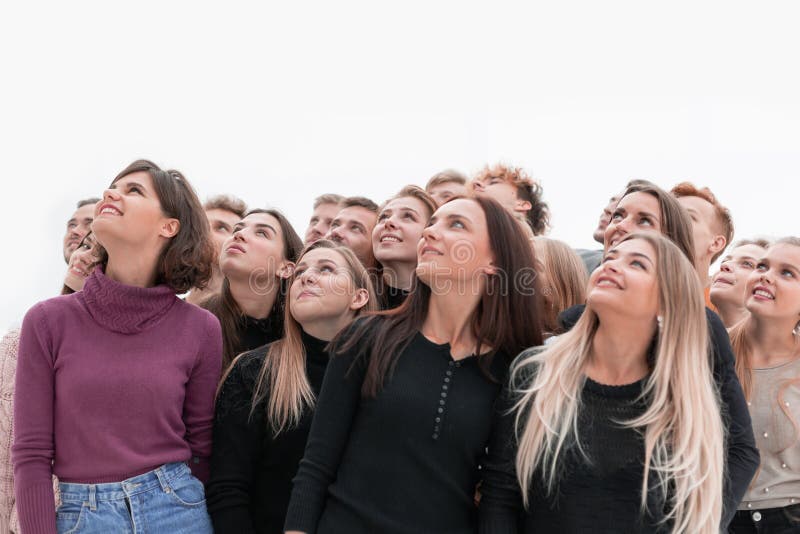 Close Up. Happy Young People Looking Up Somewhere Stock Image - Image ...