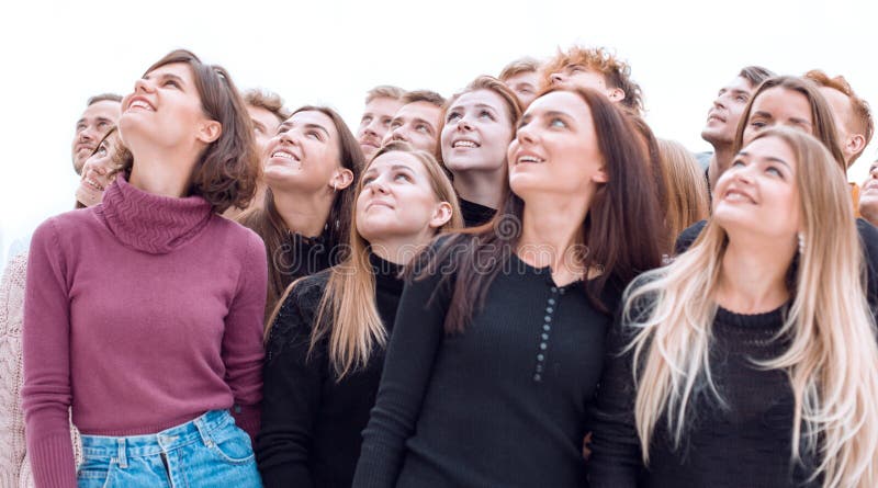 Close Up. Happy Young People Looking Up Somewhere Stock Photo - Image ...