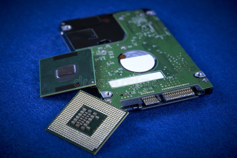 Close Up of Hard Disk Internal Mechanism Hardware on Blue Background ...