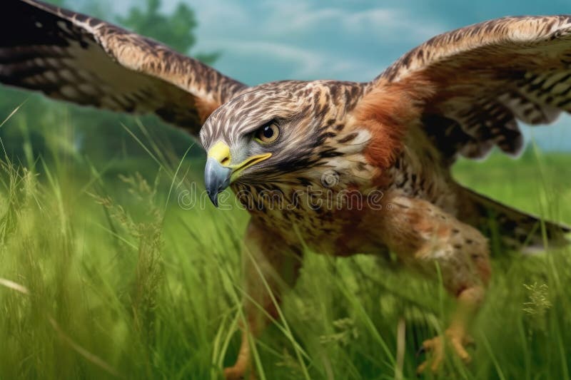 Close-up of Hawk Diving Towards Prey in a Grassy Field Stock Photo ...