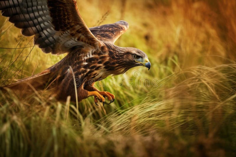 Close-up of Hawk Diving Towards Prey in a Grassy Field Stock Image ...