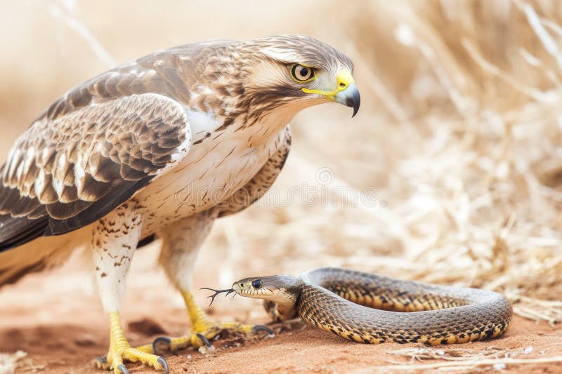 A Close-up of a Hawk and a Snake Interacting on the Ground, a Moment of ...
