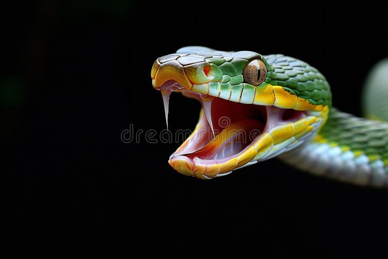 Close Up of the Head of a Green Pit Viper Snake with Open Mouth Stock ...
