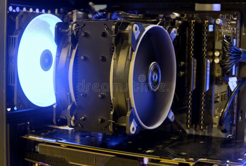 Close-up Heatsink and Fan Cooling CPU on Working and LED Light Show ...