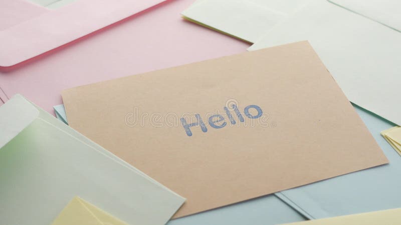 Close Up of Hello Text in Blue Color on a Envelope Stock Footage ...