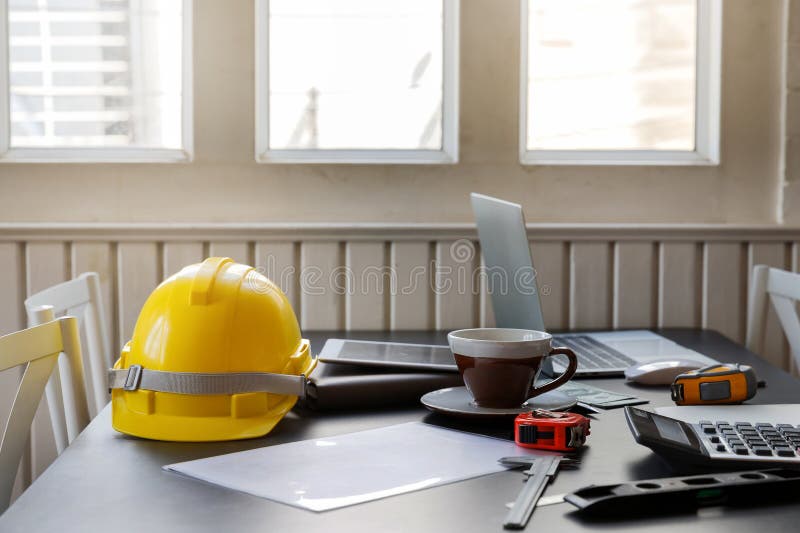 Close Up of Helmet and Etc. on Desk, Architectural Concept Stock Image ...