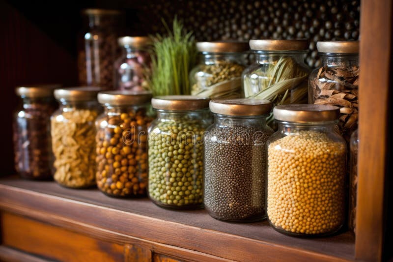 Close-up of Heritage Seeds in Glass Jars on Rustic Shelf Stock ...