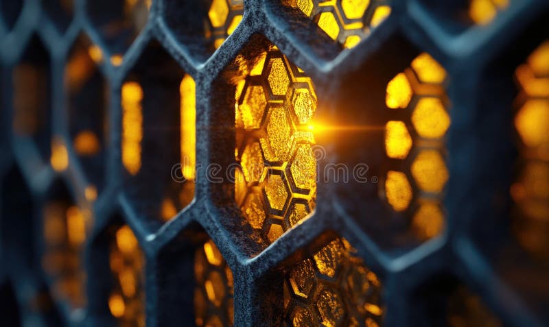 A Close Up of a Hexagonal Pattern with a Yellow Light Shining through ...