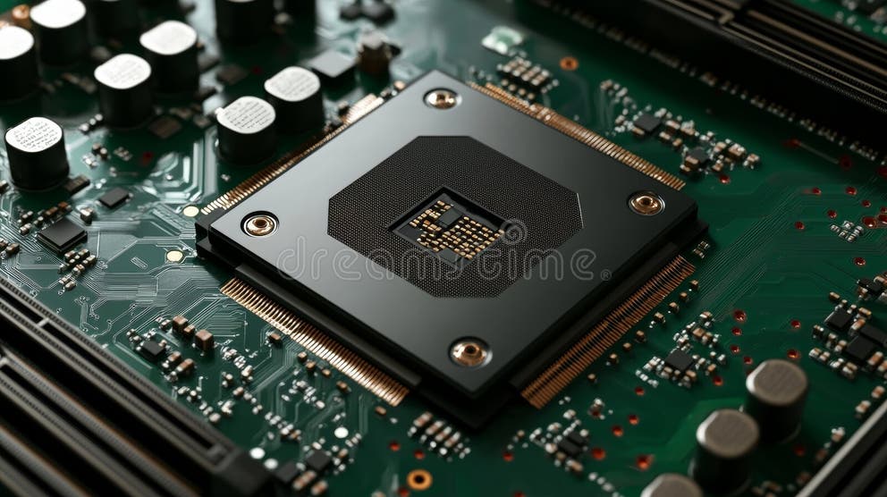 Close Up of a High Performance Gpu Chip on a Green Motherboard for ...