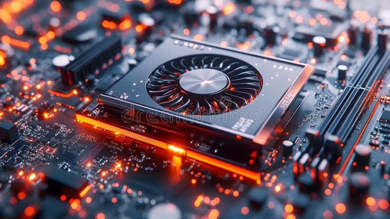 Close-up of a High-performance GPU on a Motherboard, Glowing with Red ...