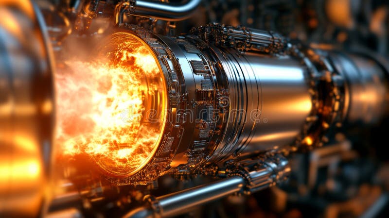 Close-up of a High-performance Jet Engine Igniting Flames in an ...