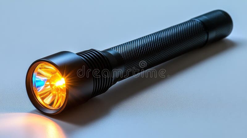 Close-up of a High-powered Flashlight with an Orange Light on a Plain ...