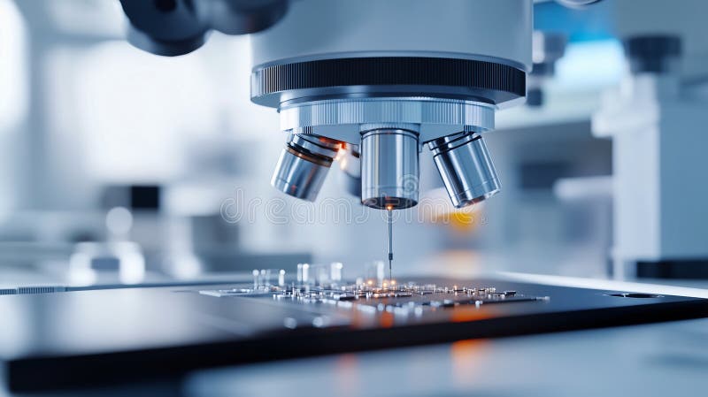 Close-up of a High-powered Laboratory Microscope Focusing on a ...
