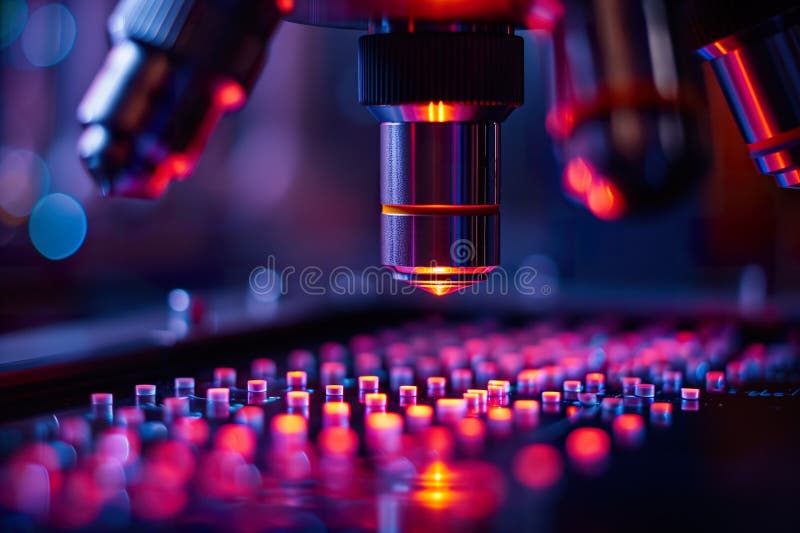 Close-up of High-powered Microscope Lens System Focused on Samples ...