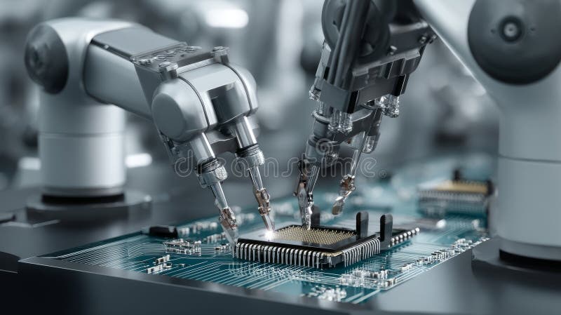Close-up of High Precision Robot Arms on Automated PCB Assembly Line ...