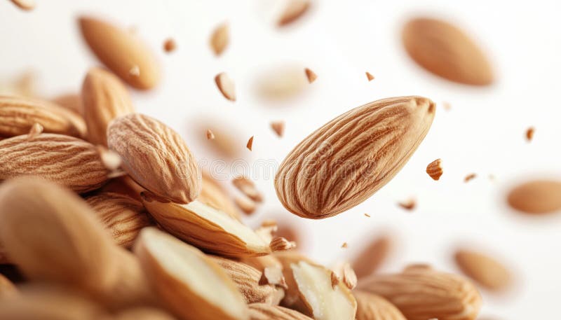 Close-Up High Resolution Image of Whole and Sliced Almonds Flying in ...