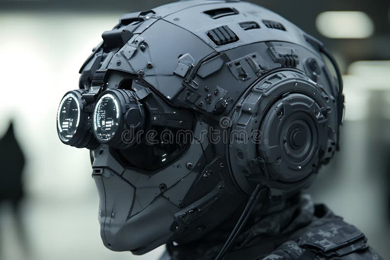 Close-up of a High-tech Combat Helmet with Illuminated Goggles ...
