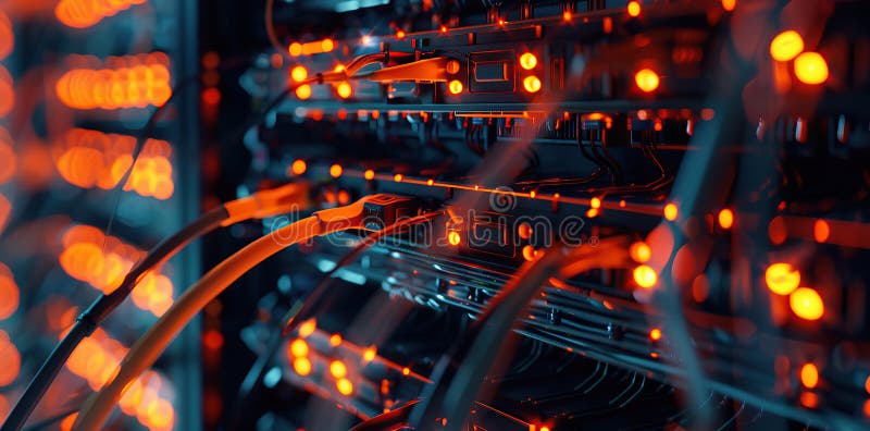 Close-up of High-tech Data Center with Network Cables and Lights Stock ...