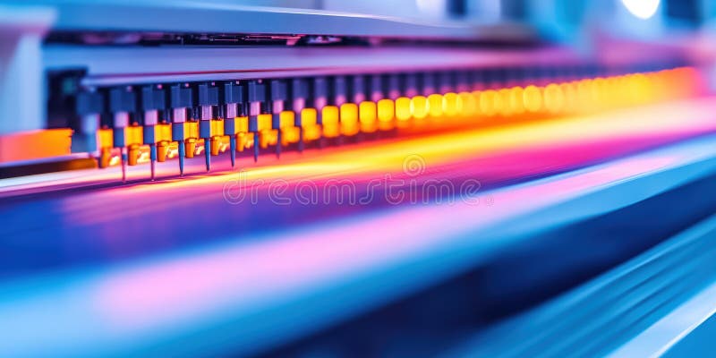Close Up of High Tech Digital Printer with Vibrant Colors and LED ...