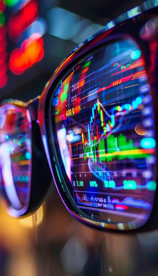 Close-up of High-tech Glasses Projecting Live Stock Exchange Data with ...