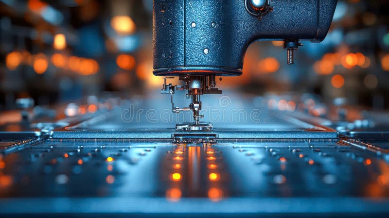 Close-up of a High-tech Industrial Sewing Machine with Illuminated ...