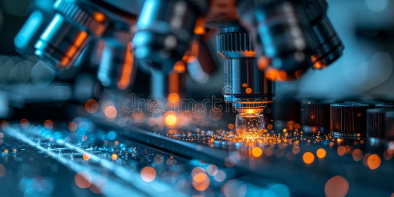 Close-up of a High-tech Laboratory Microscope Analyzing Samples with ...