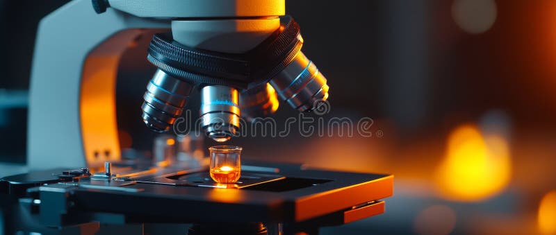 Close-up of a High-tech Laboratory Microscope Under Orange Lighting ...