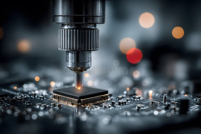 Close-up of a High-tech Machine Arm Assembling a Chipset on a Circuit ...