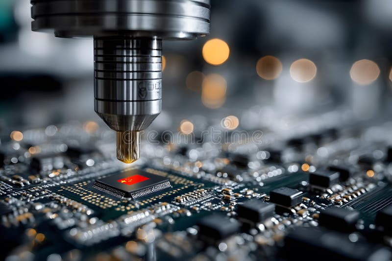 Close-up of a High-tech Machine Arm Assembling a Chipset on a Circuit ...