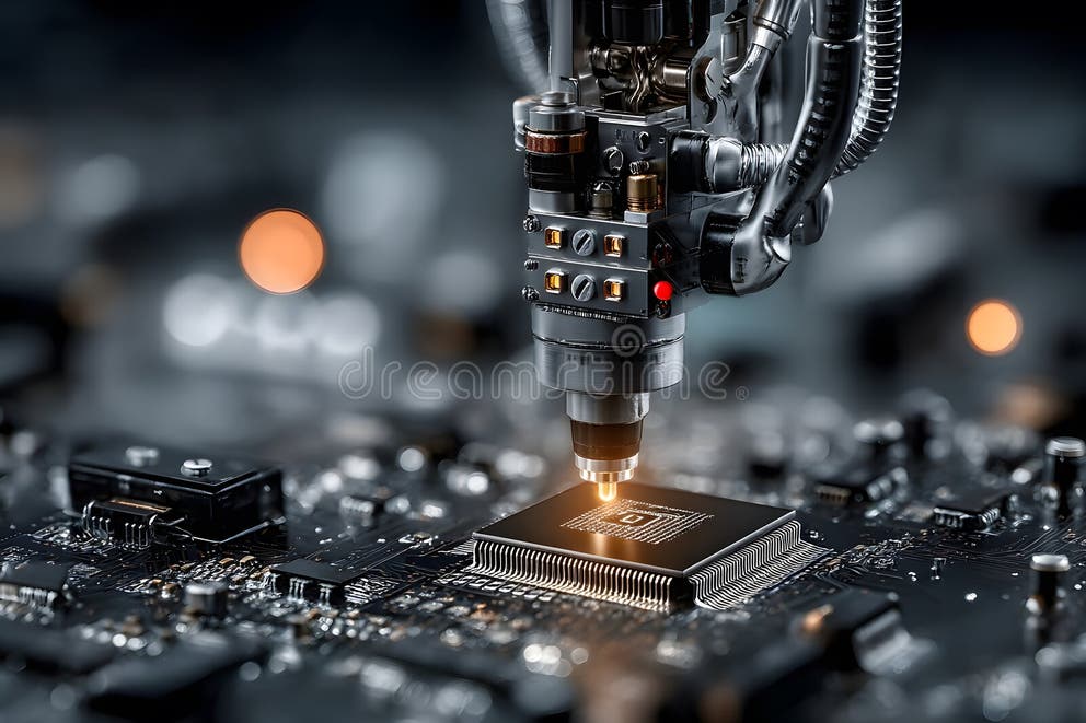 Close-up of a High-tech Machine Arm Assembling a Chipset on a Circuit ...