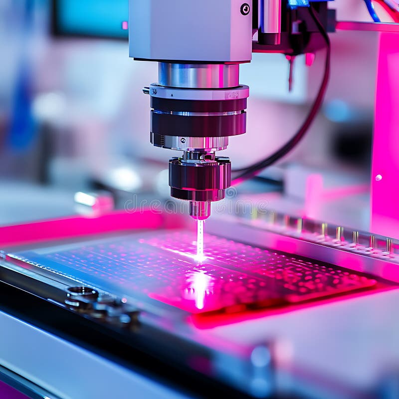 Closeup of a HighTech Machine with a Laser Beam Focusing on a Circuit ...