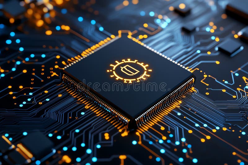 Close-up of a High-tech Microchip on a Blue Printed Circuit Board with ...