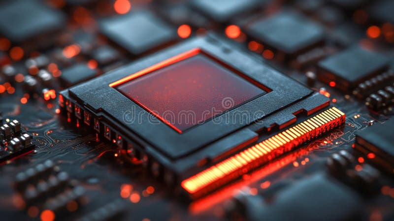 A Close-up of a High-tech Microchip with Red Glowing Accents on a ...