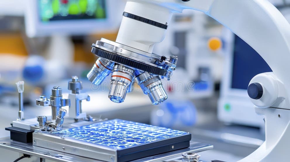 High-Tech Microscope Analyzing Blue Patterned Sample Stock Illustration ...