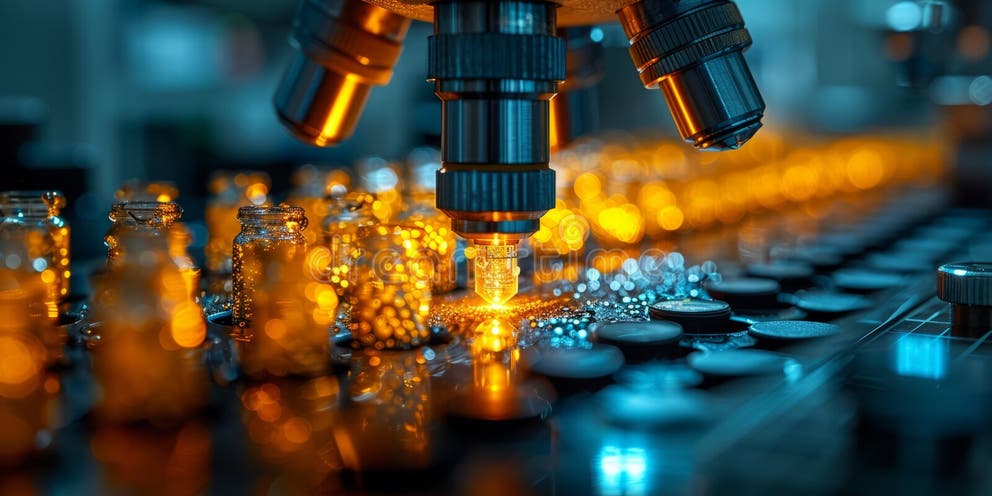 Close-up of a High-tech Microscope Analyzing Samples with Glowing ...