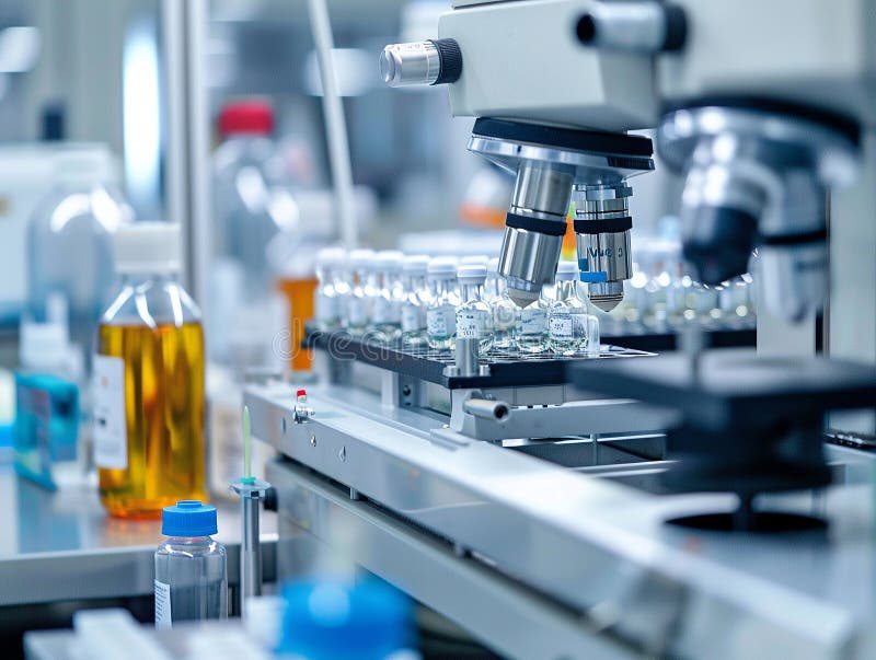 Close-up of a High-tech Microscope and Vials in a Modern Laboratory ...