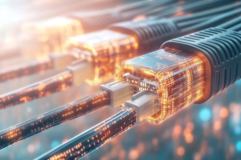 Close Up of High Tech Network Fiber Cables with Glowing Cores and ...