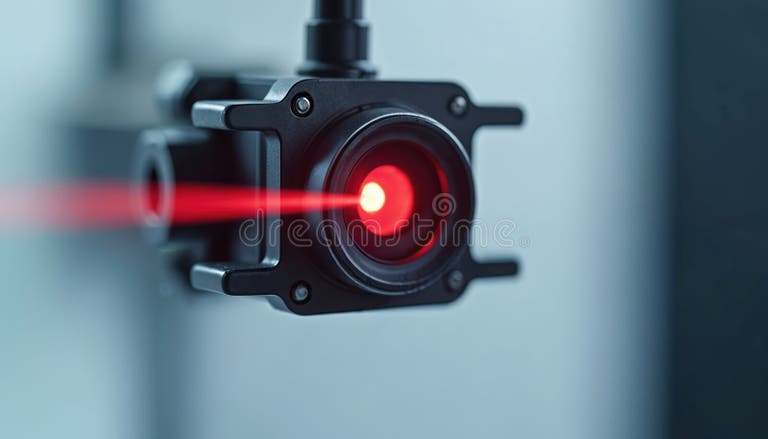 Close-up of High-tech Optical Sensor with Red Laser Beam. Modern ...