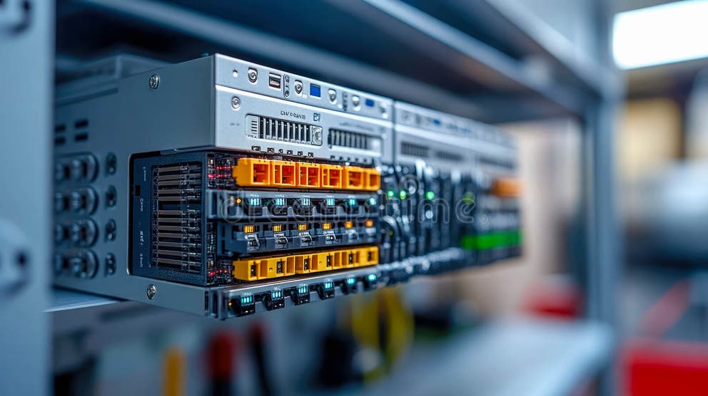 Close-up of a High-tech Rack Server in a Data Center with Glowing LEDs ...