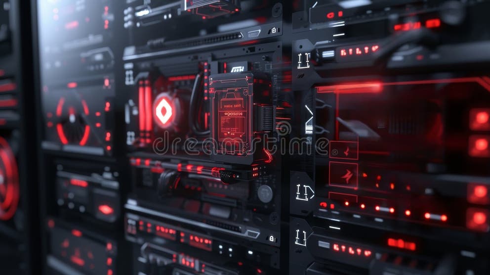 Close-up of a High-tech Server Rack with Glowing Red Indicators and ...