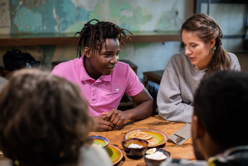 Close Up of Highschool Students Having a Snack in a Modern Cafe Stock ...